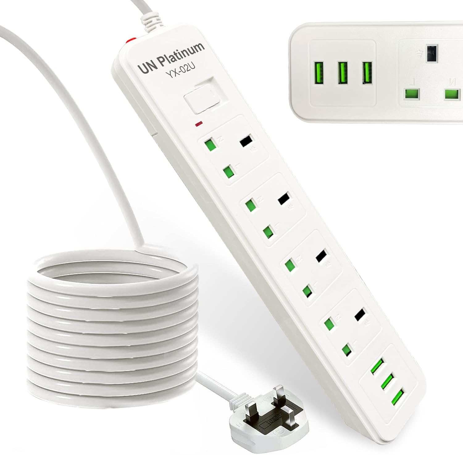 Extension Lead with 3 USB-A Ports, 4 Power Socket Wire 13A Fuse Plug w